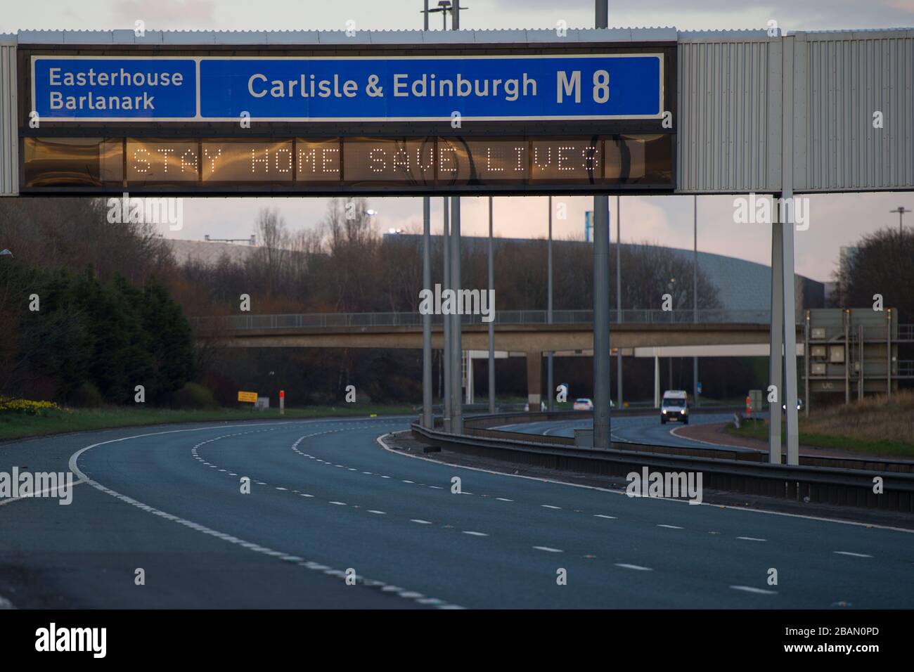 Glasgow, UK. 28th Mar, 2020. Pictured: Road signs all along the M8 and ...