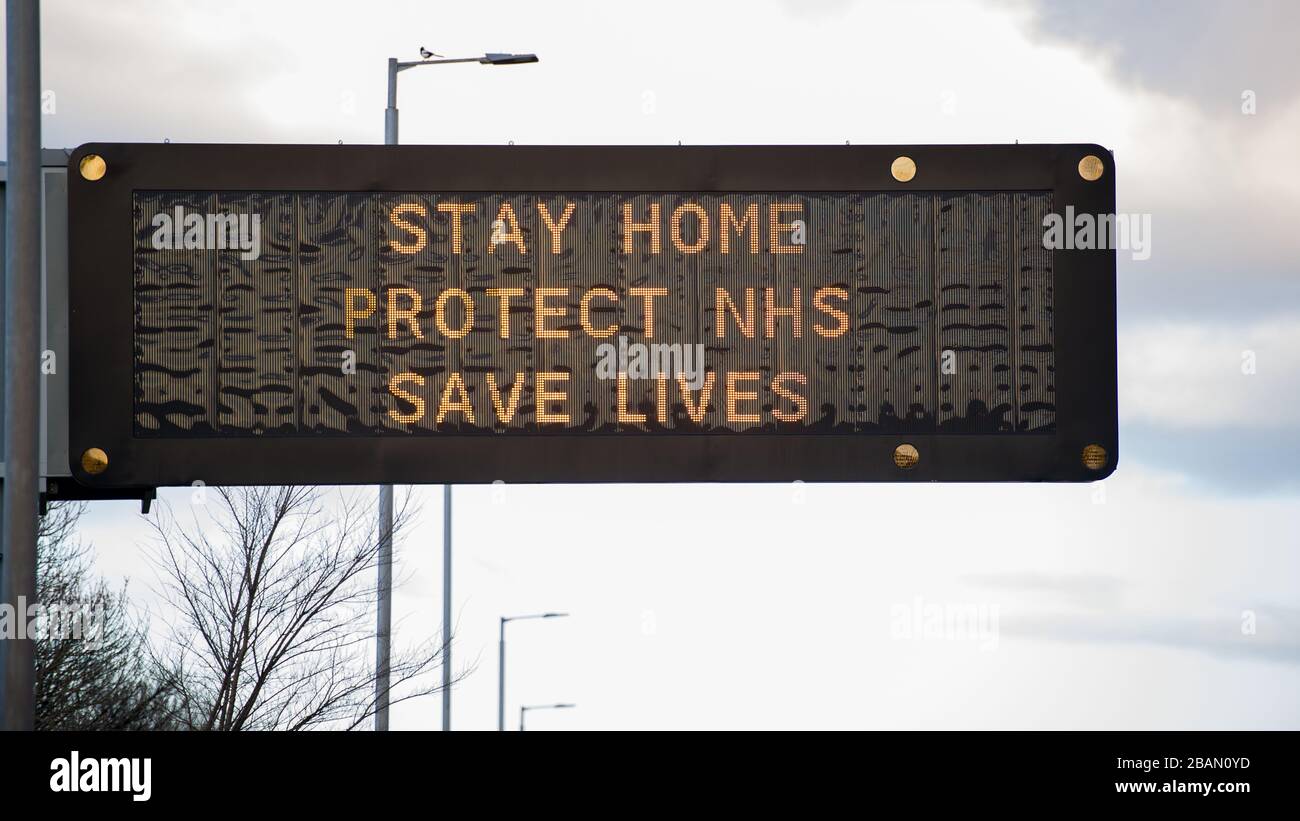 Glasgow, UK. 28th Mar, 2020. Pictured: Road signs all along the M8 and ...