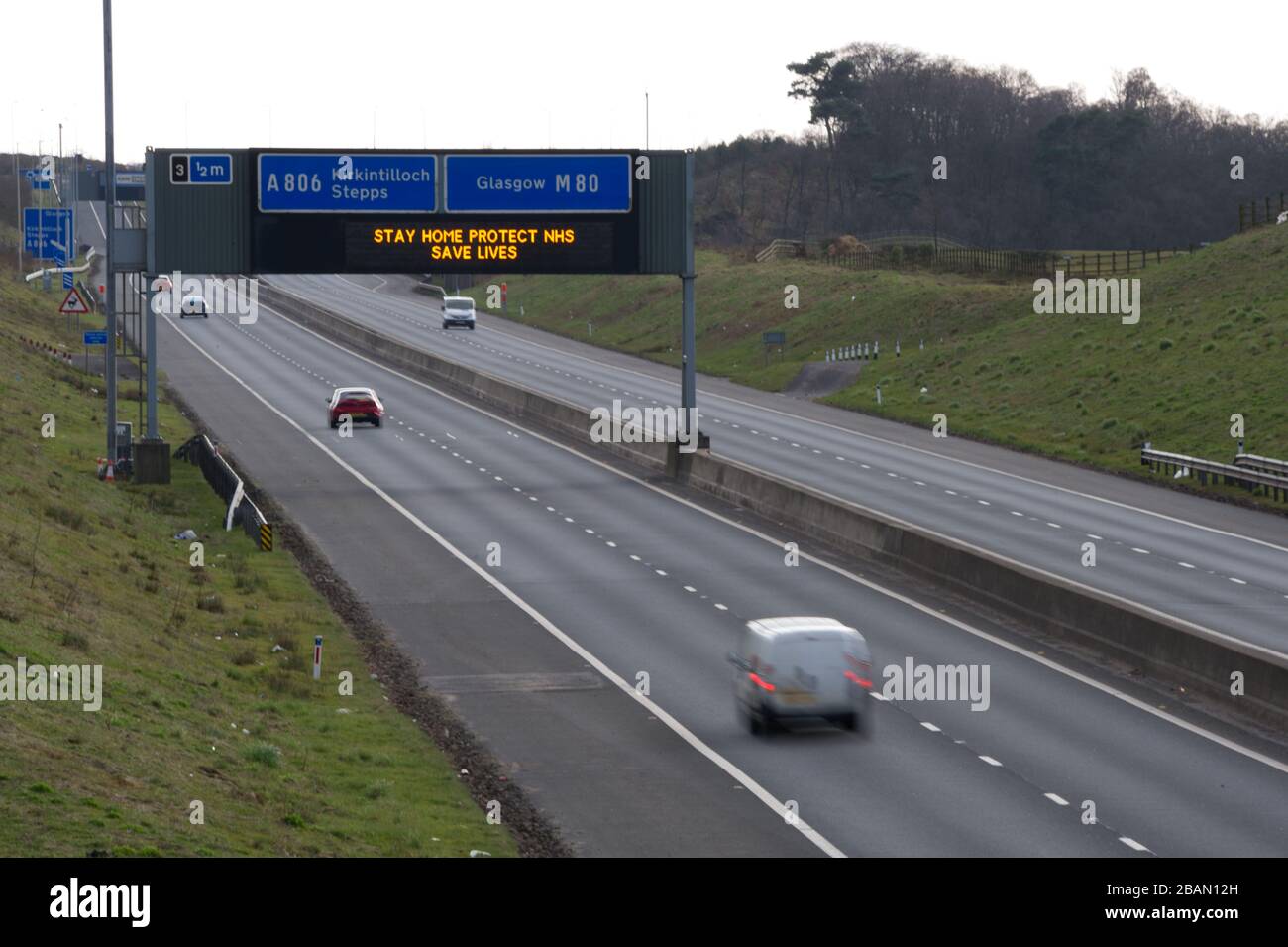 Glasgow, UK. 28th Mar, 2020. Pictured: Road signs all along the M8 and ...
