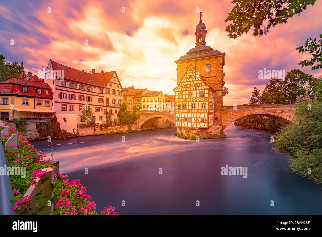 Bamberg city in Germany. Town hall building in background with blue ...