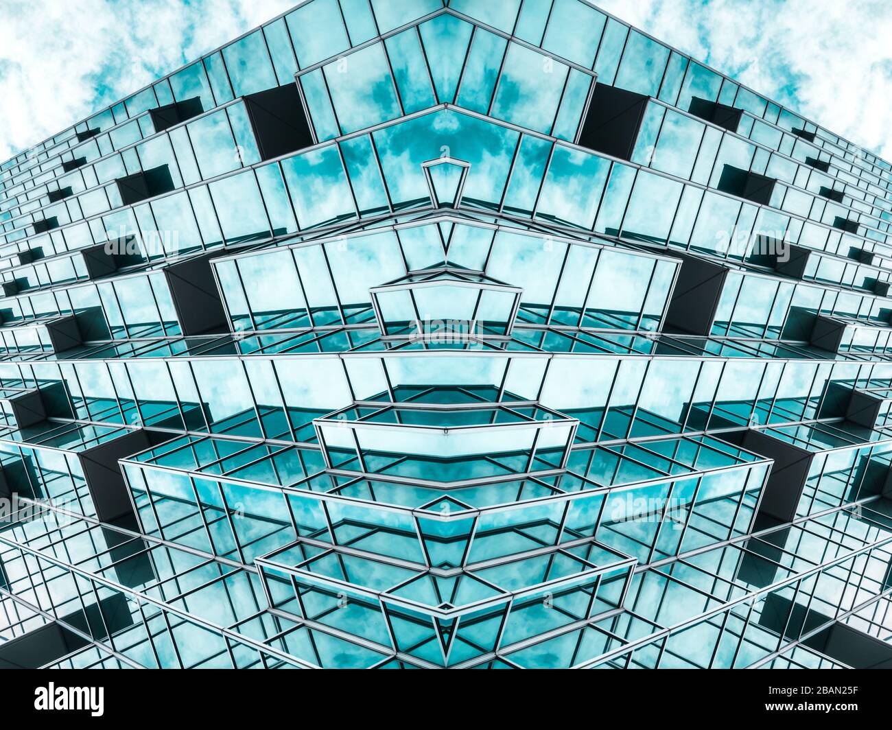 underside panoramic and perspective view to steel blue glass high rise ...