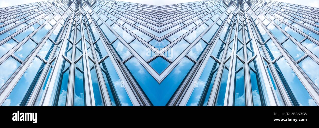 underside panoramic and perspective view to steel blue glass high rise ...