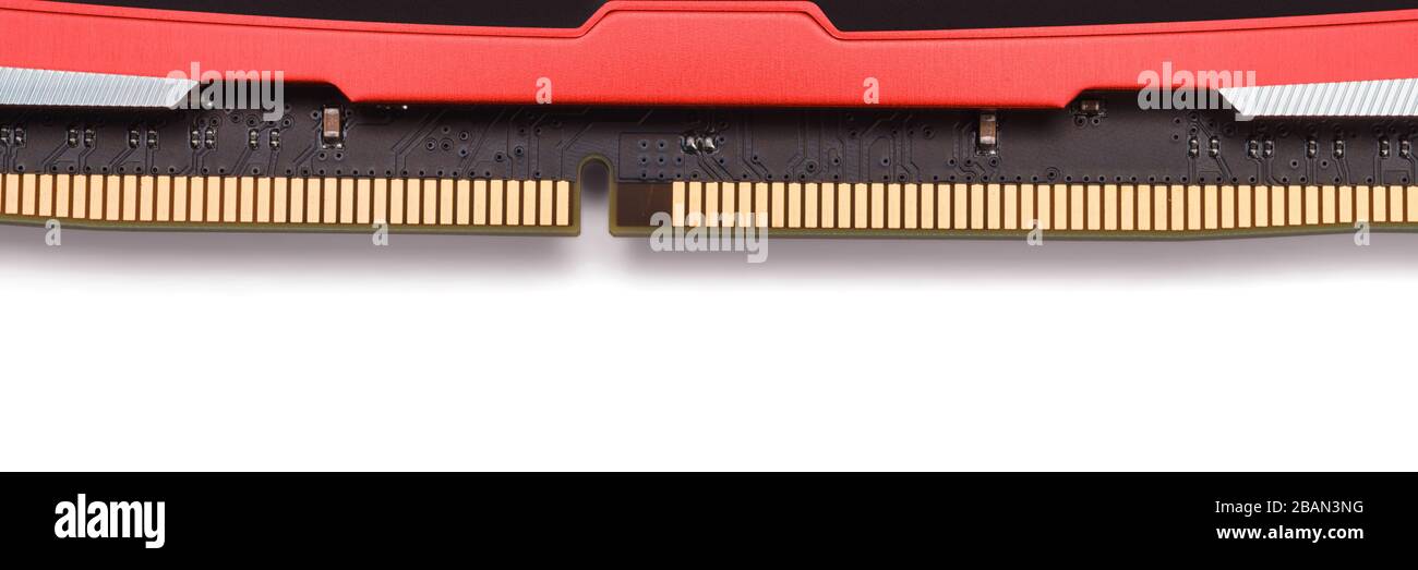 Modern red DDR-4 RAM memory module connector close up. Isolated on white, clipping path included ...