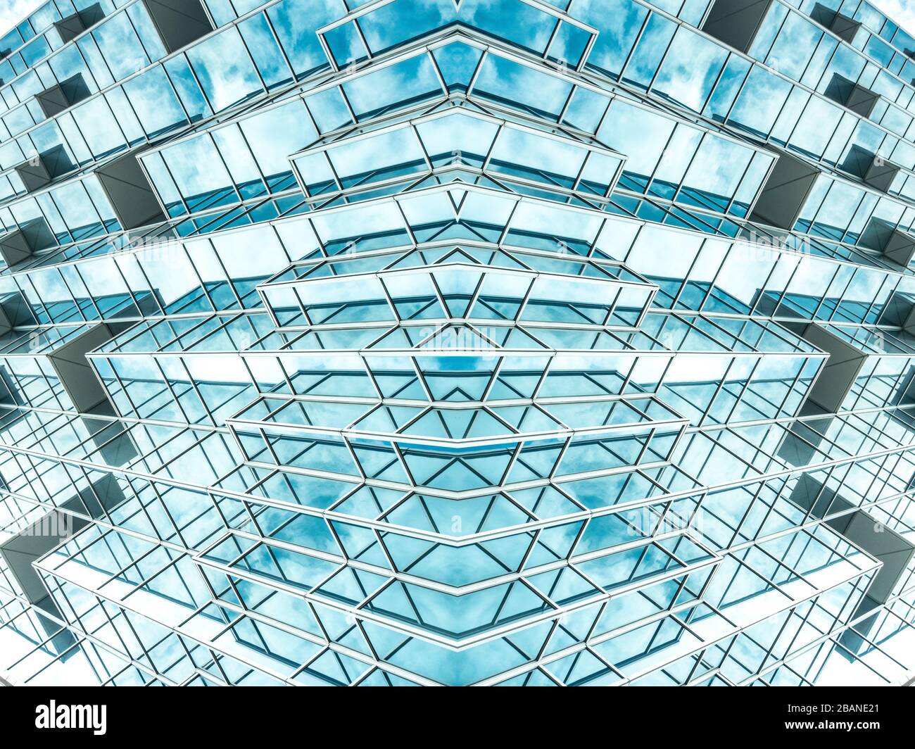 underside panoramic and perspective view to steel blue glass high rise ...