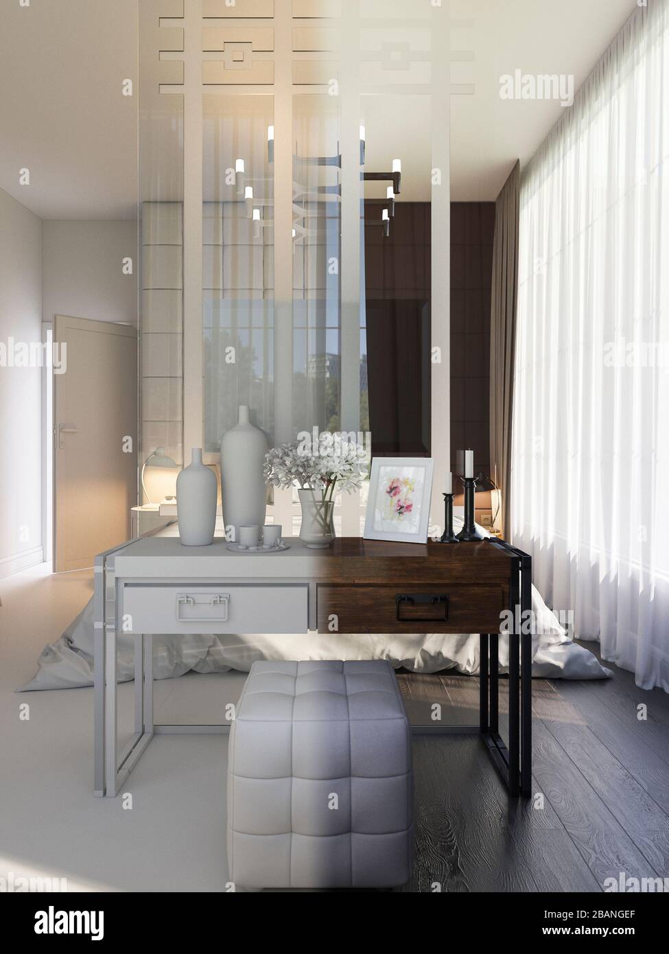 3d illustration of bedroom interior design. 3D render bedroom interior ...