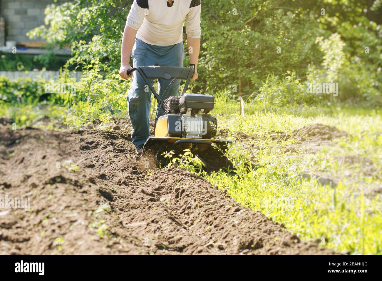 Perspective view of man plowing raw in soil by motor cultivator Stock ...