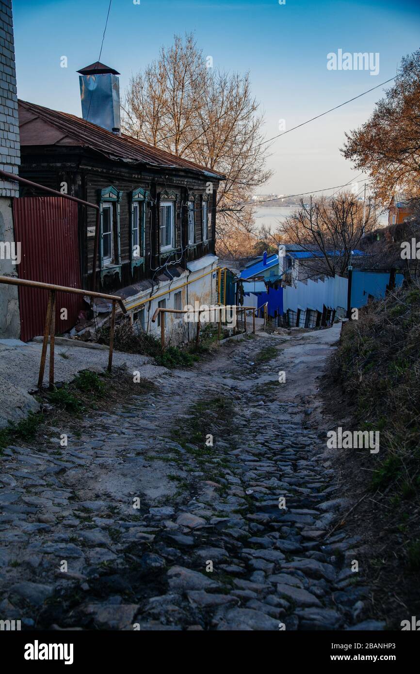 Old houses on low-rise street in old poverty part of Voronezh city in ...