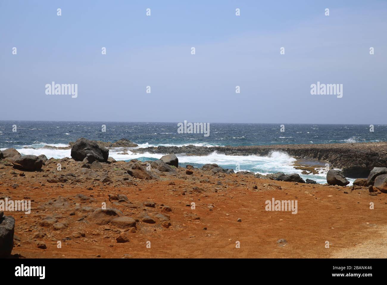 Eastern shoreline with volcanic rocks and crushing waves in Aruba Stock ...