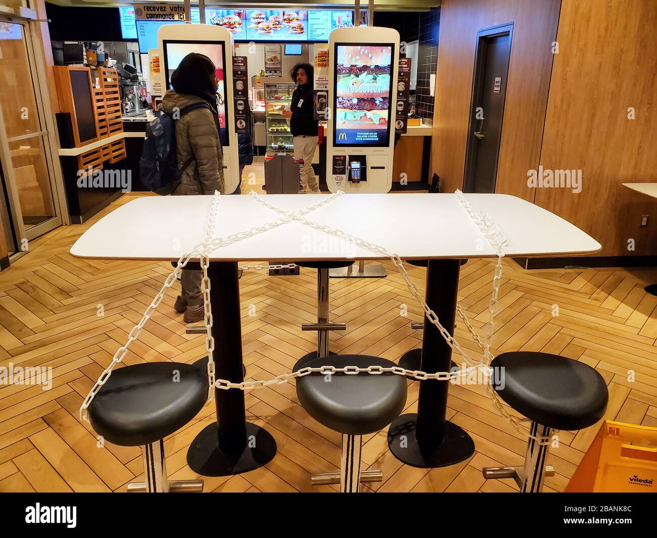 Montreal, Canada - March 22, 2020: Chained seats and tables in ...