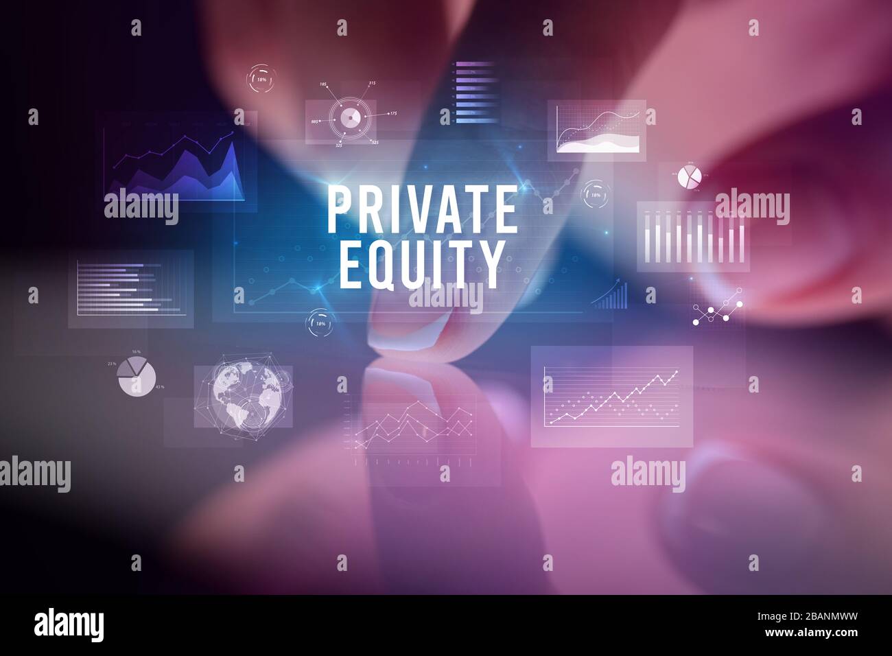 Finger touching tablet with charts and PRIVATE EQUITY inscription ...