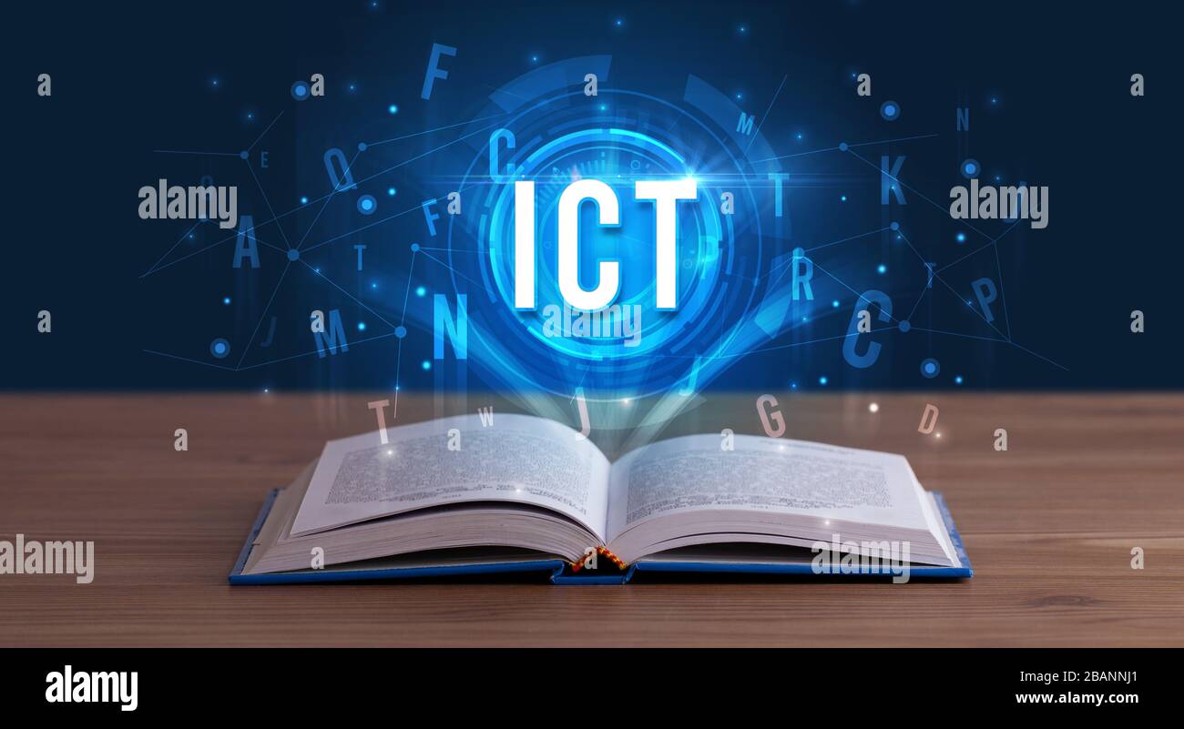 ICT inscription coming out from an open book, digital technology ...