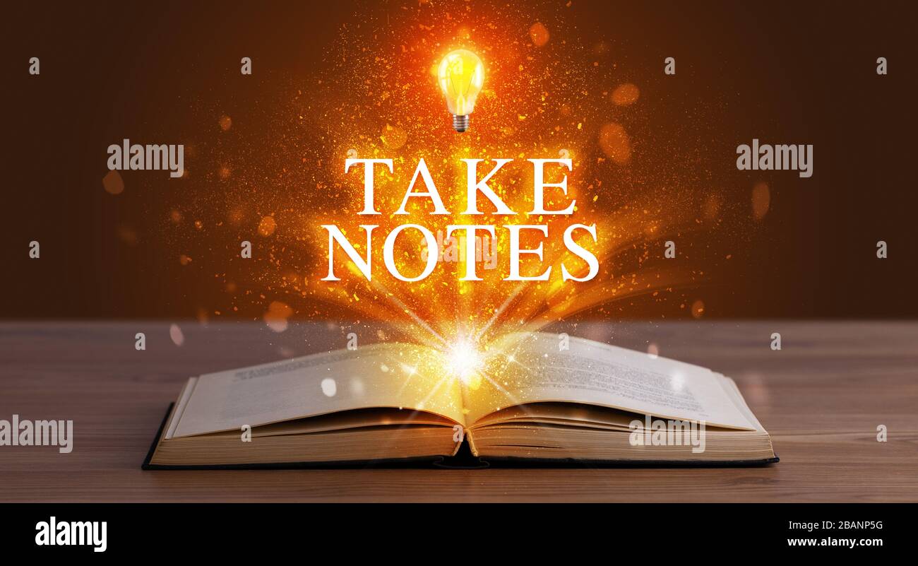 TAKE NOTES inscription coming out from an open book, educational ...