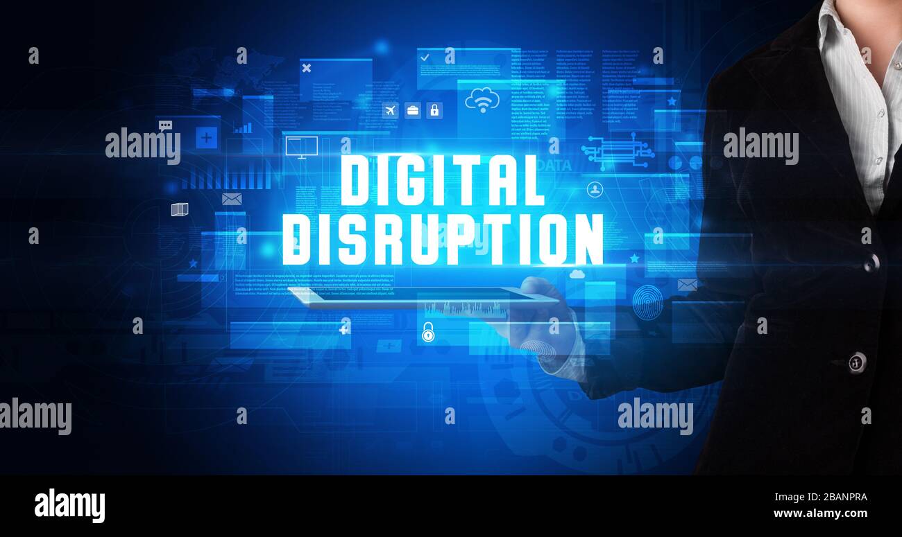 Young business person working on tablet and shows the digital sign ...