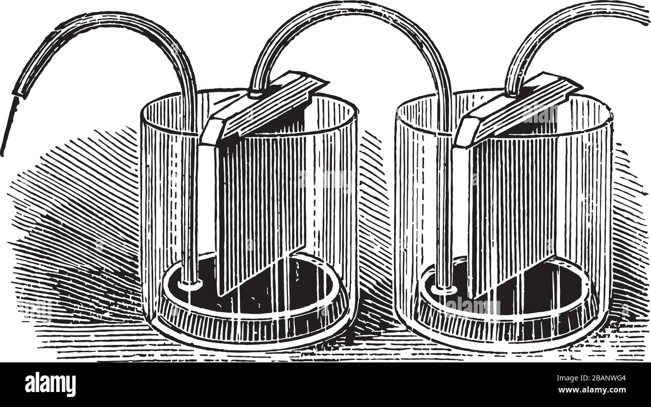 Early wet cell battery design, Vintage Engraved line art drawing black ...