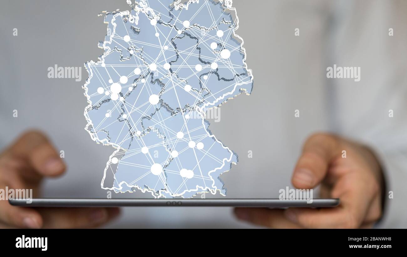 A a virtual germany land map digital in hand 3d Stock Photo - Alamy