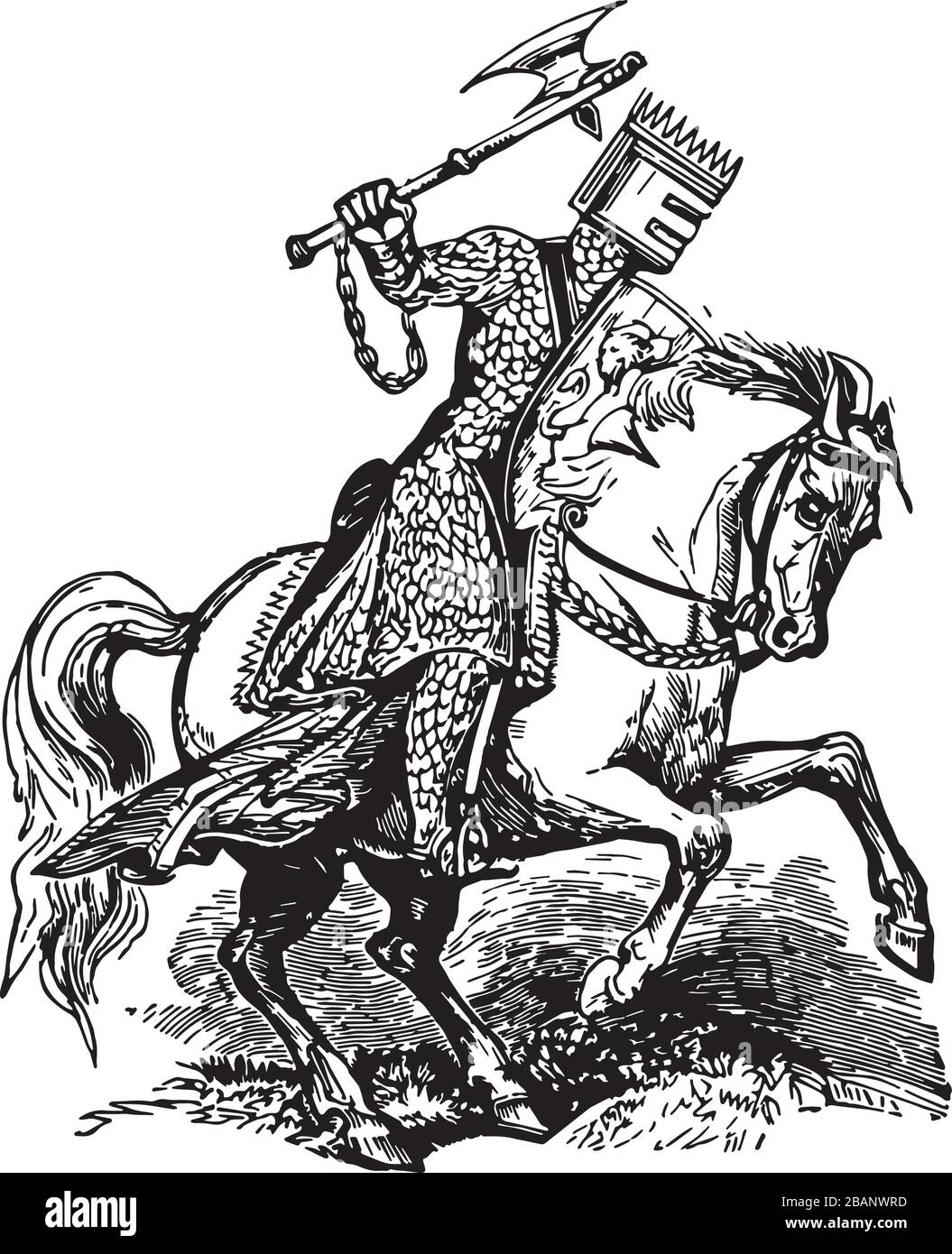 Knight on horseback with battle axe, Vintage Engraved line art drawing ...