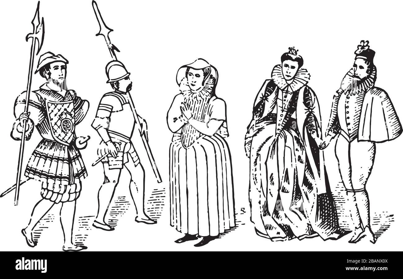 Group of assorted people in Tudor traditional dress costumes, Line art ...