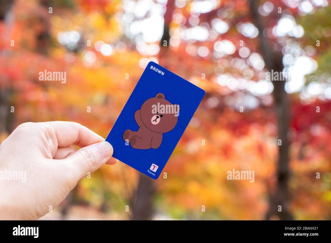 Seoul, South Korea- Oct 24, 2019 : Traveller hand hold t money card ...