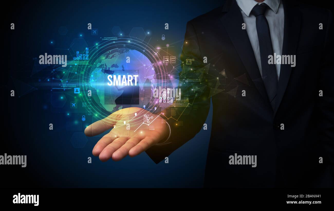 Elegant hand holding SMART inscription, digital technology concept ...