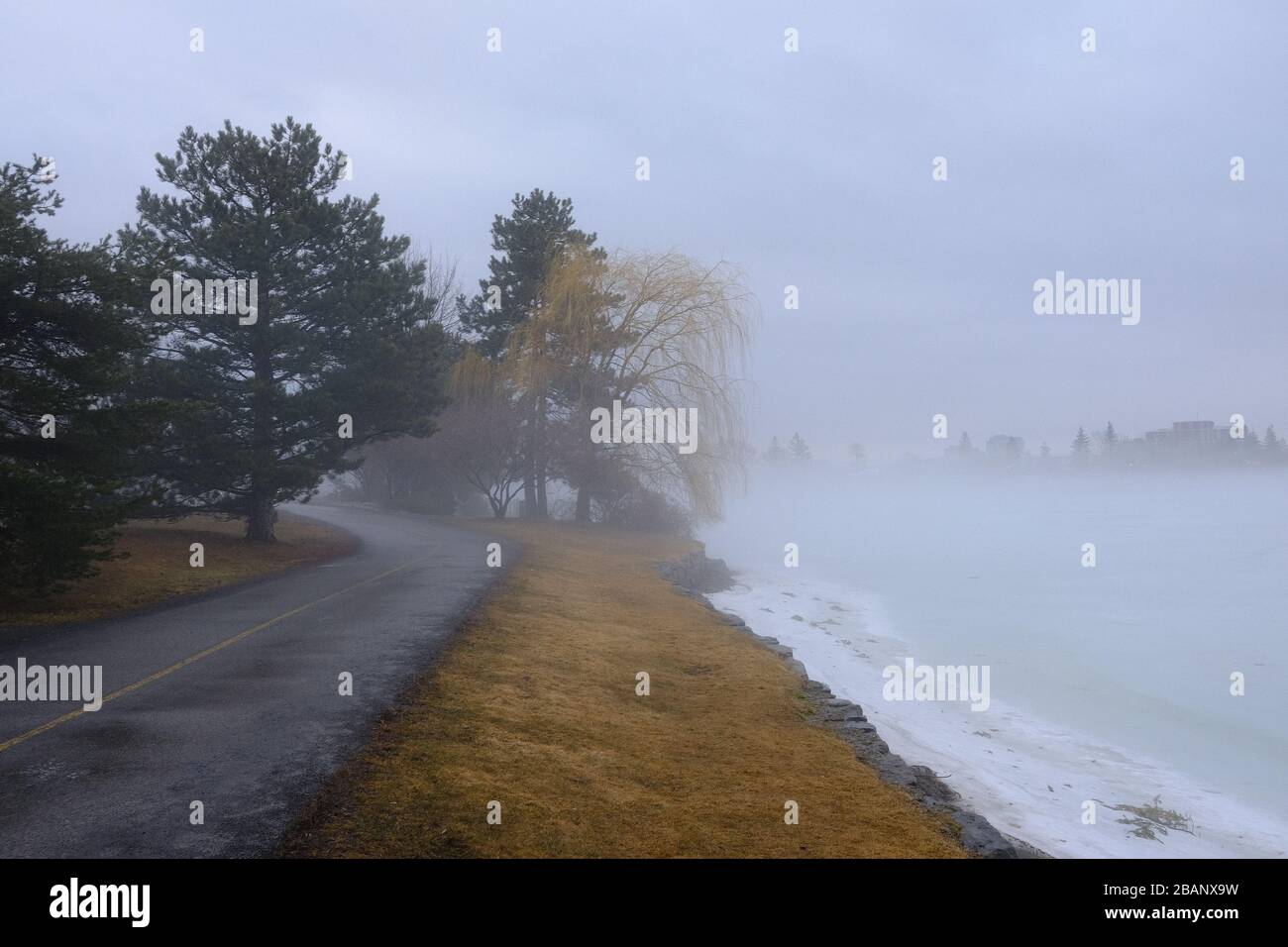 Spring warm temperatures create a thick fog on a frozen Dow's Lake. The ...