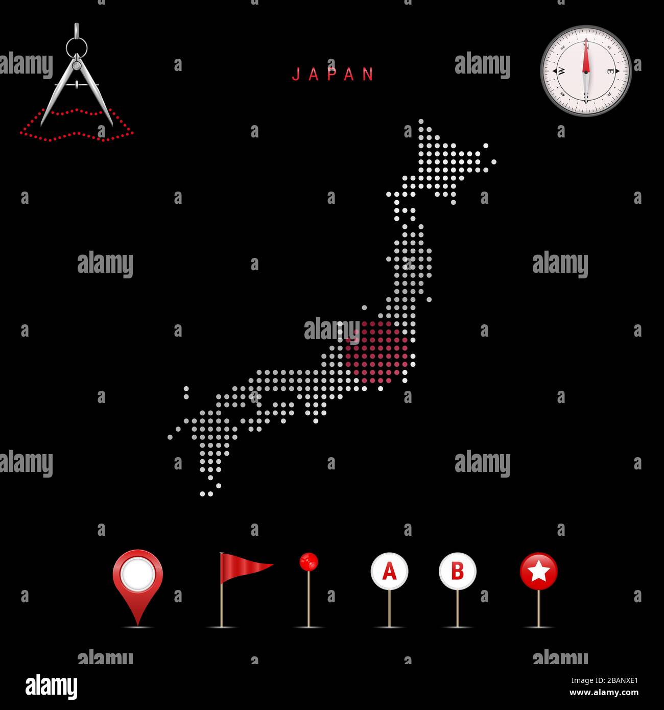 Dotted map of Japan painted in the colors of the national flag of Japan ...