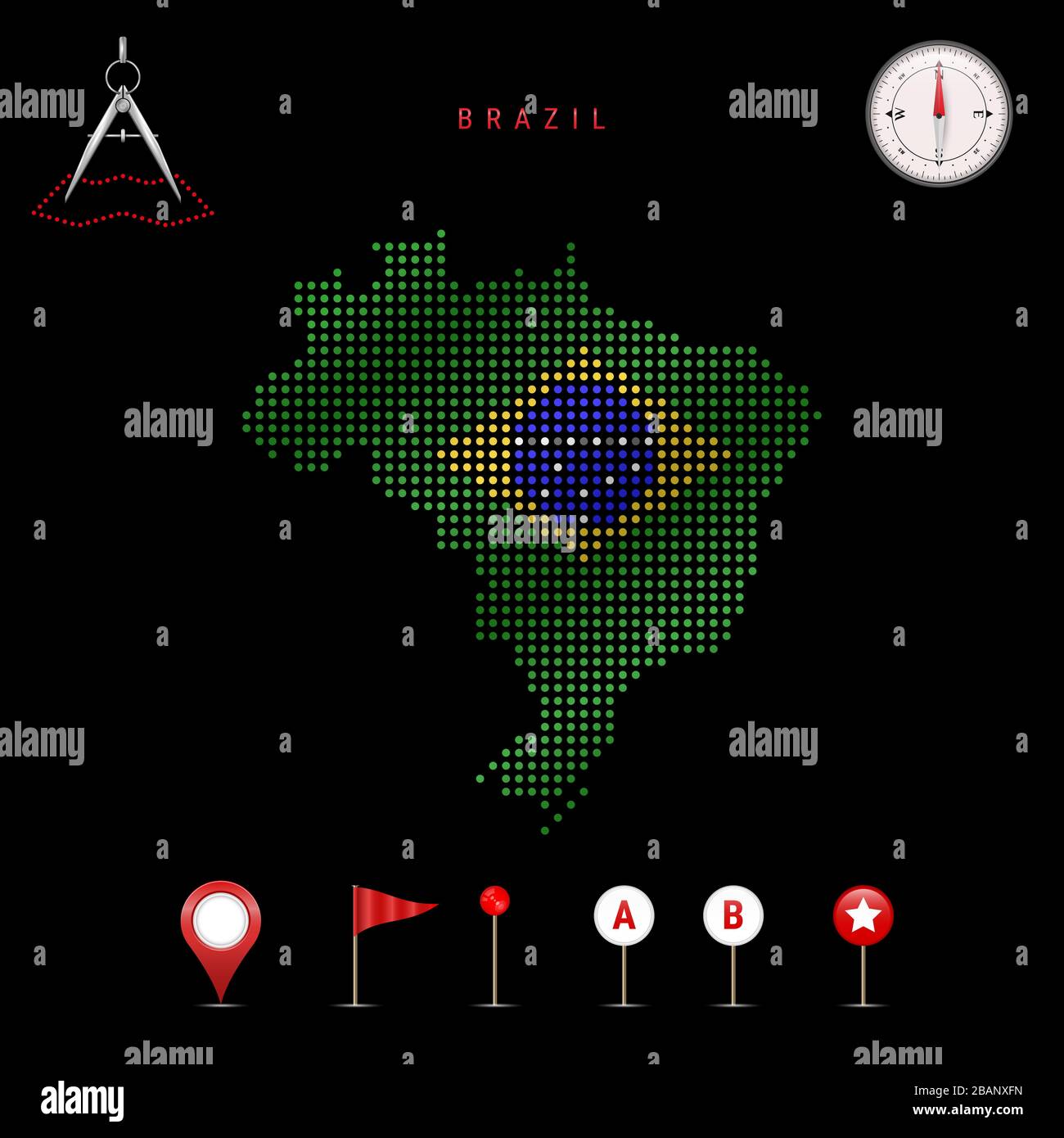 Dotted map of Brazil painted in the colors of the national flag of ...