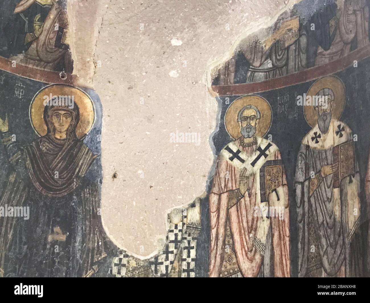 Christian frescoes at cave in Gumusler Underground Monastery in Nigde ...