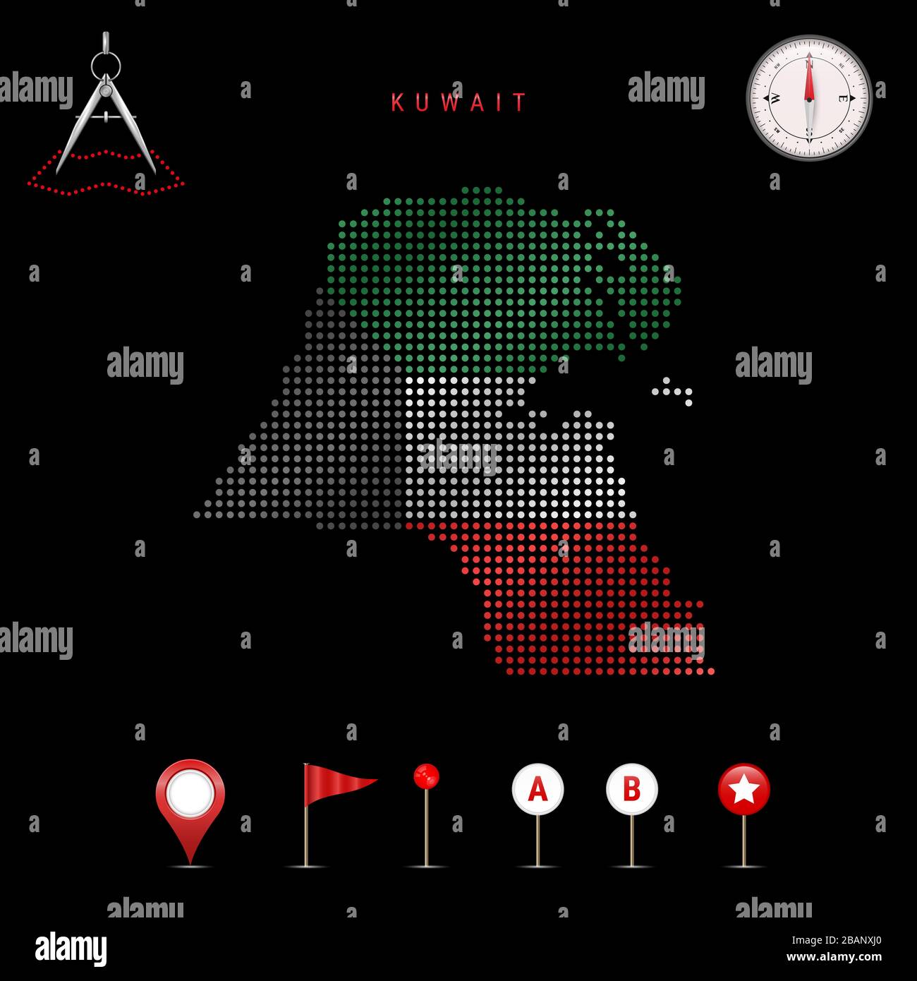 Dotted map of Kuwait painted in the colors of the national flag of ...