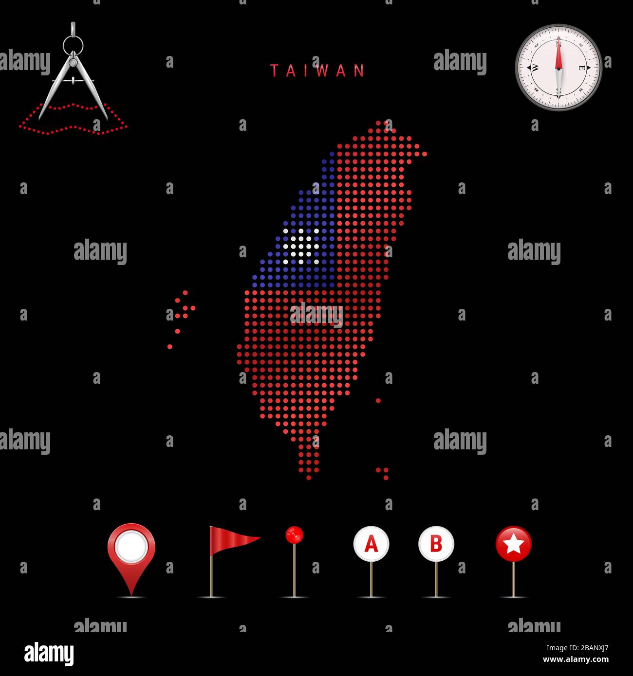 Dotted map of Taiwan painted in the colors of the national flag of ...
