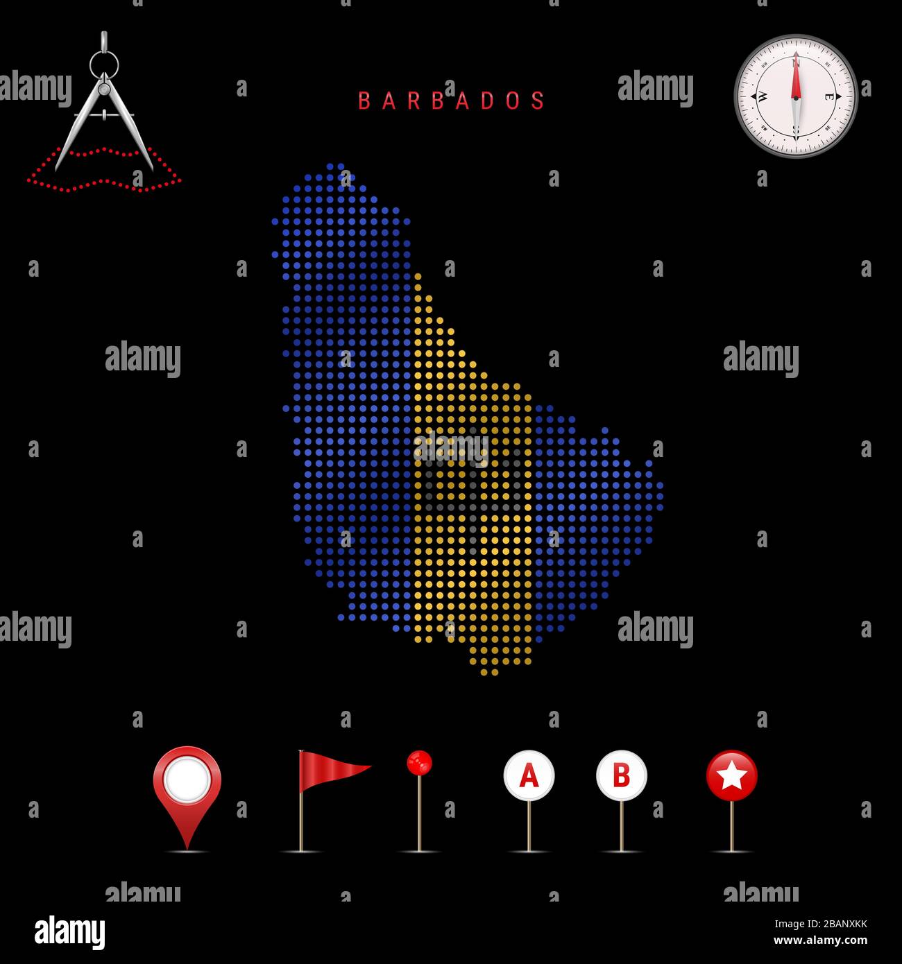 Dotted map of Barbados painted in the colors of the national flag of ...