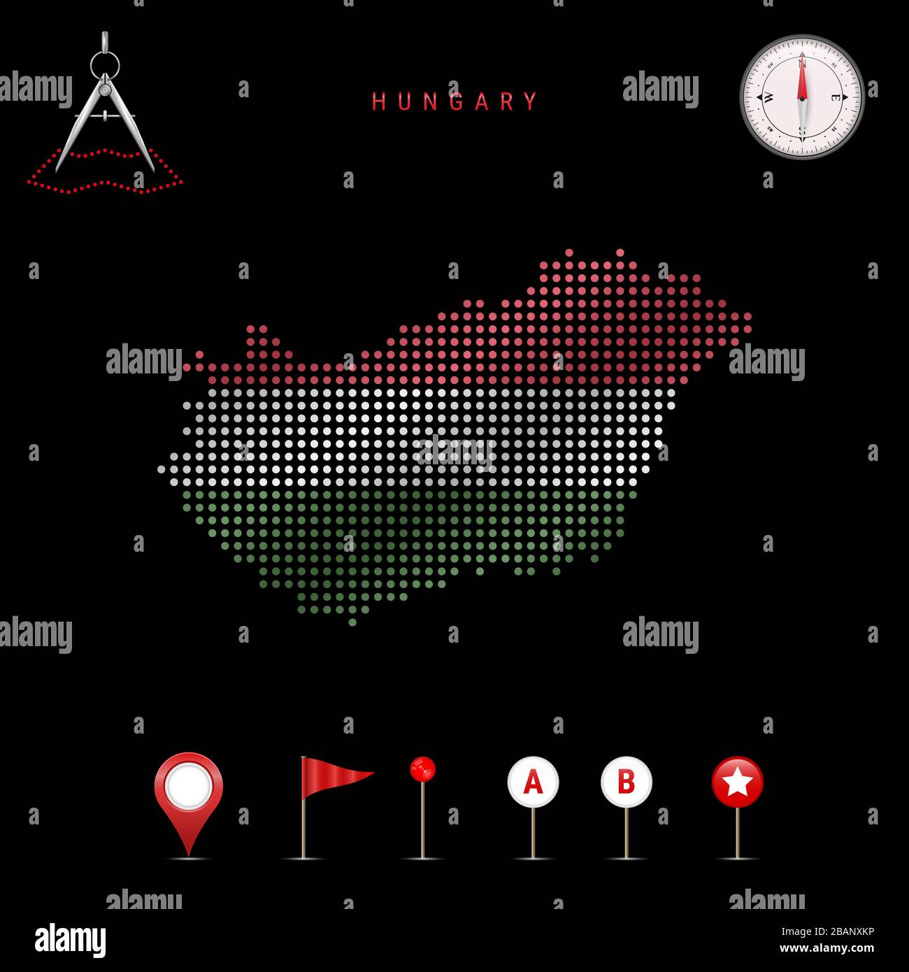 Dotted map of Hungary painted in the colors of the national flag of ...