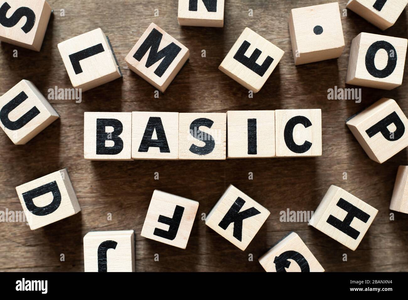 Wood letter block in word basic on wood background with another ...