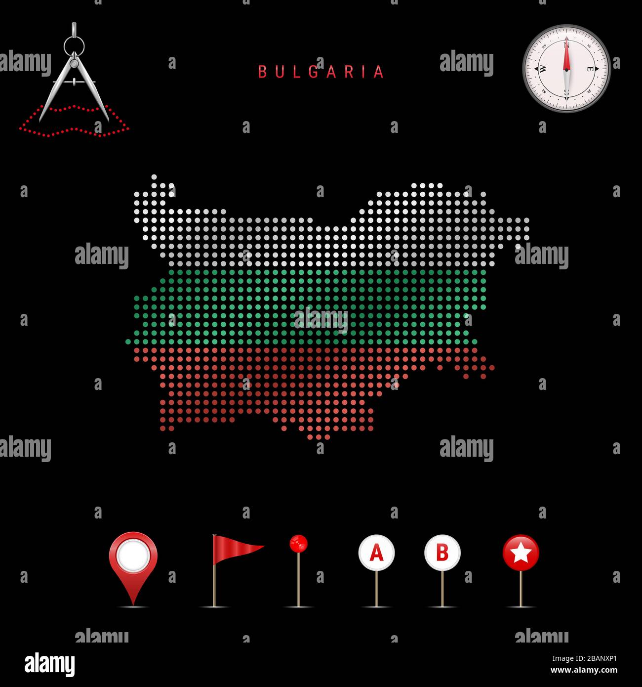 Dotted map of Bulgaria painted in the colors of the national flag of ...