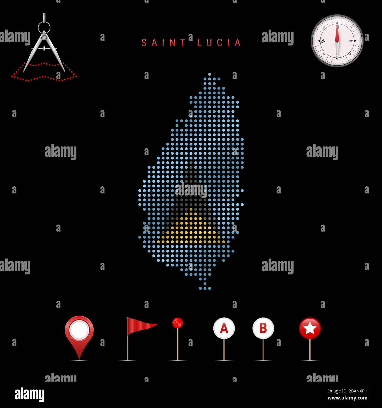 Dotted map of Saint Lucia painted in the colors of the national flag of ...