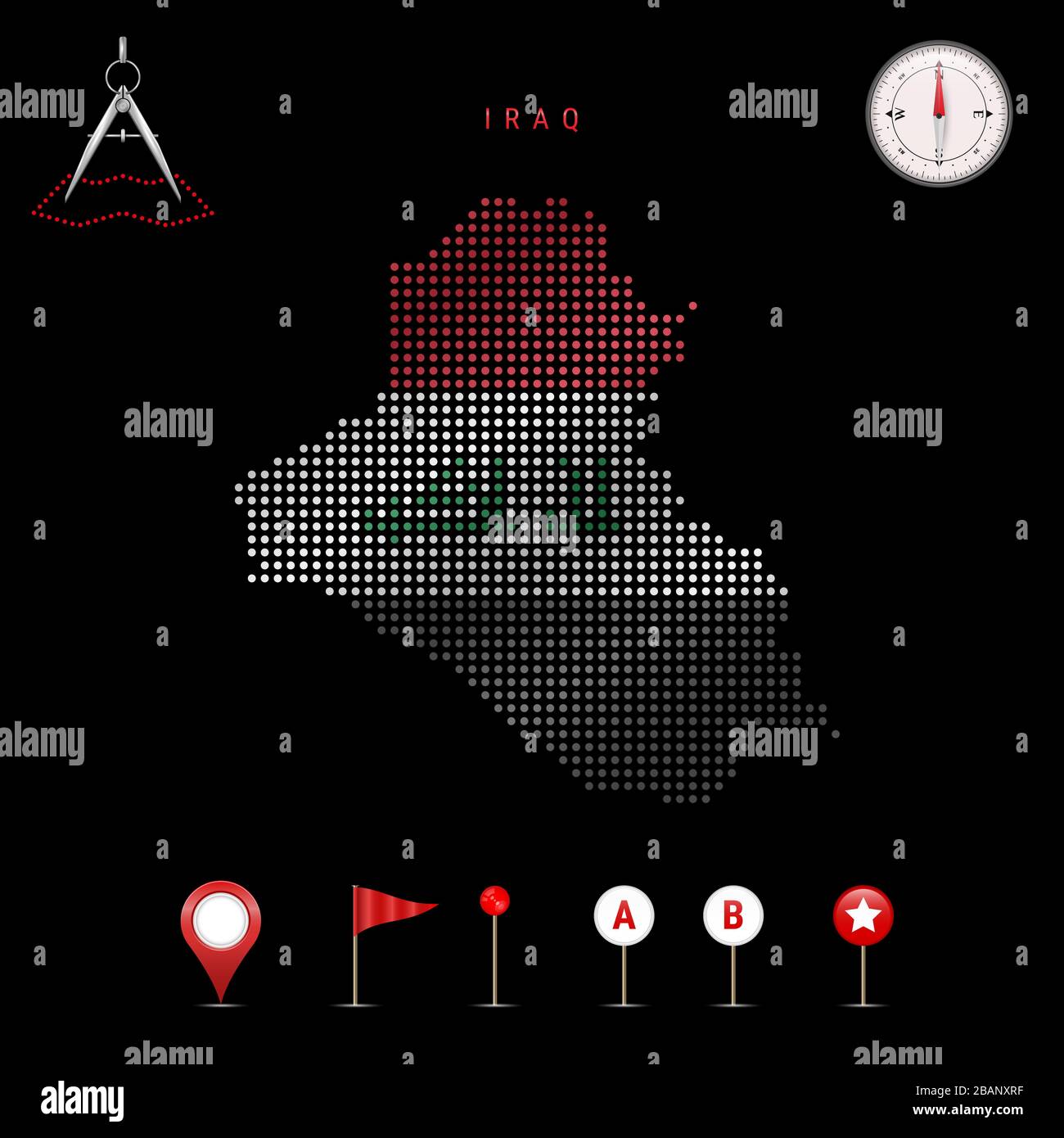 Dotted map of Iraq painted in the colors of the national flag of Iraq ...