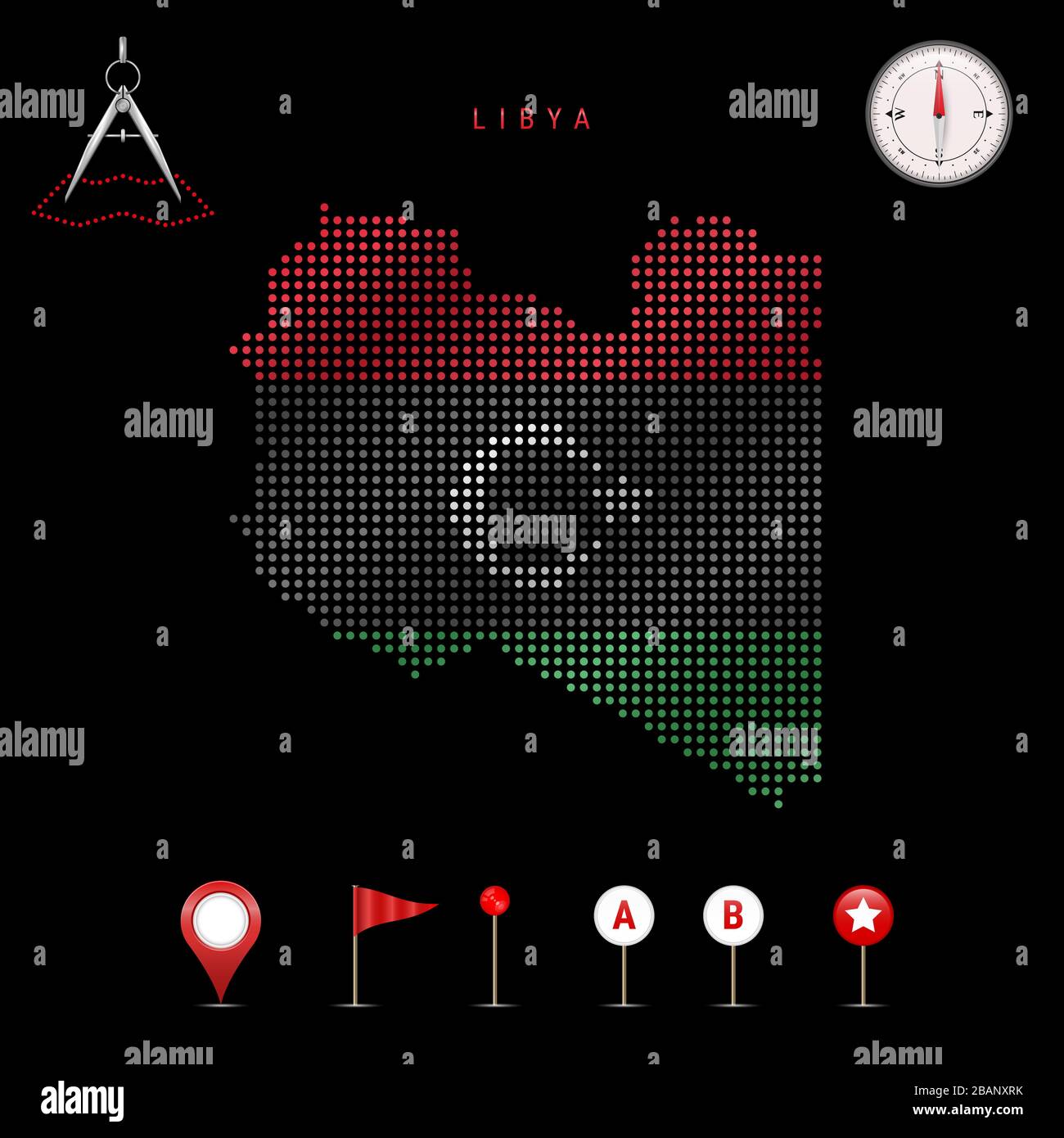 Dotted map of Libya painted in the colors of the national flag of Libya ...