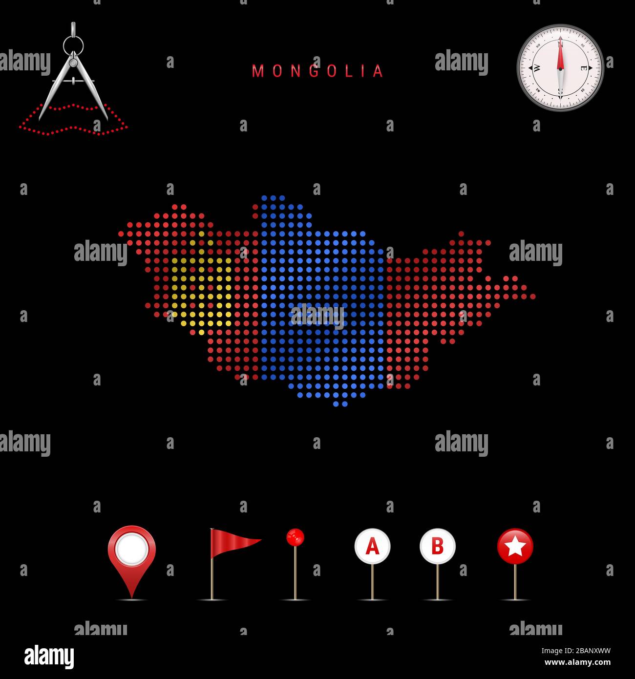 Dotted map of Mongolia painted in the colors of the national flag of ...