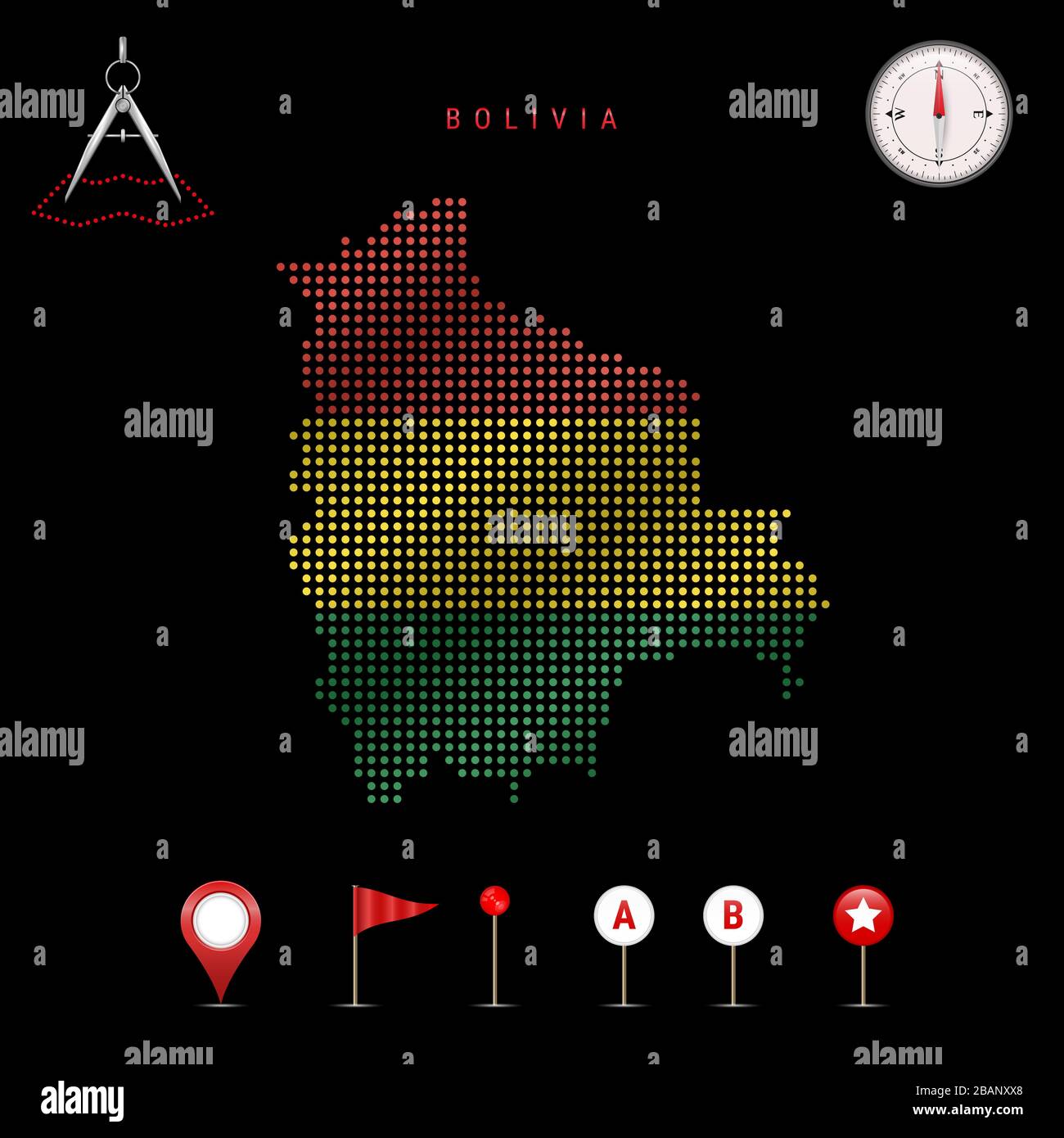 Dotted map of Bolivia painted in the colors of the national flag of ...