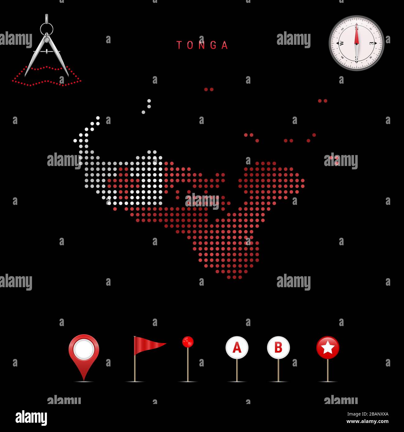 Dotted map of Tonga painted in the colors of the national flag of Tonga ...