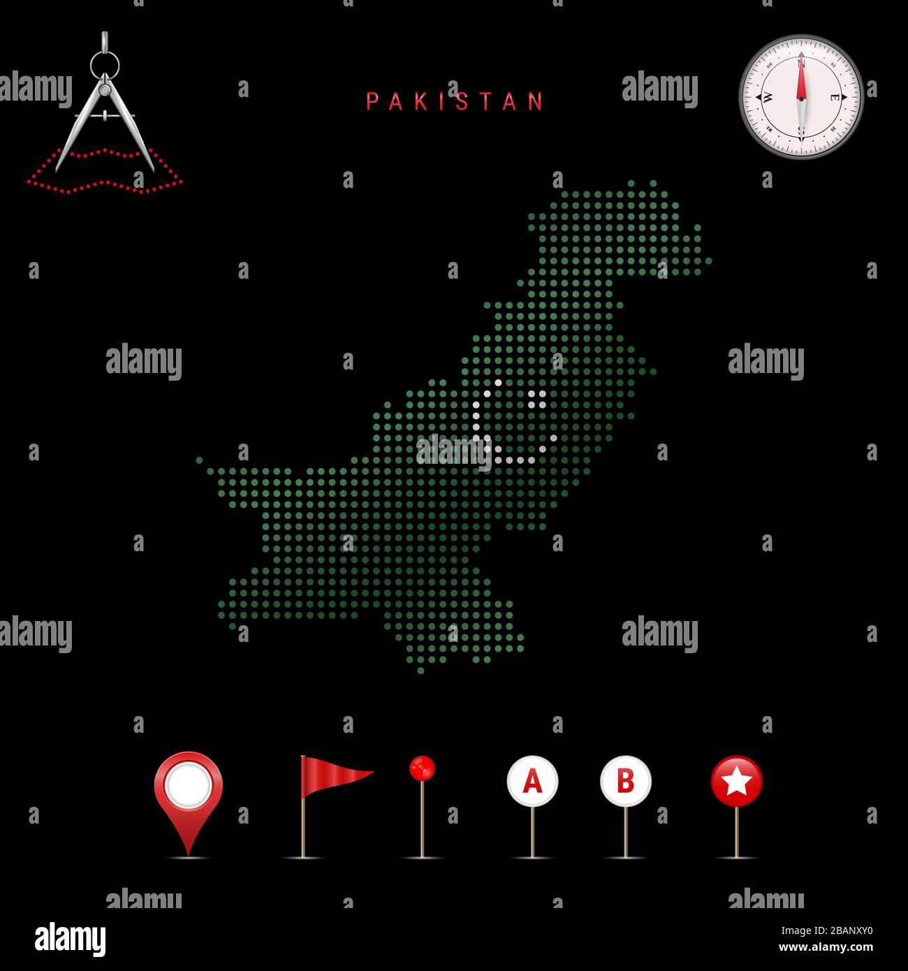Dotted map of Pakistan painted in the colors of the national flag of ...