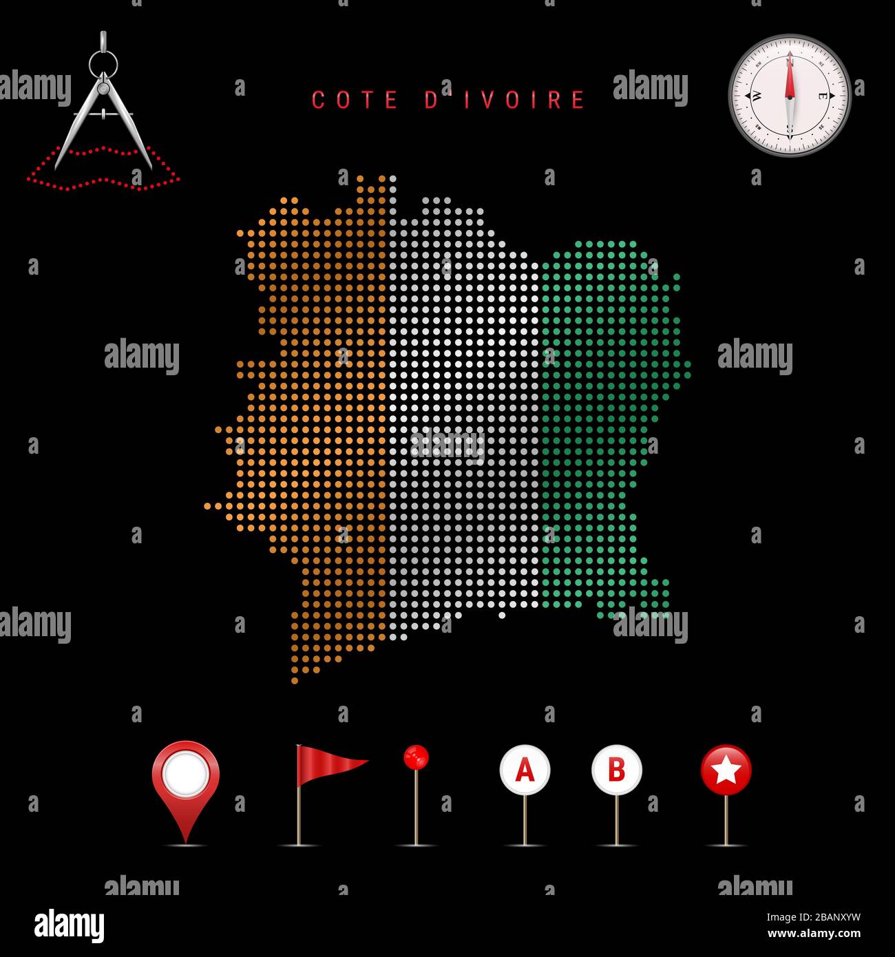 Dotted map of Cote d'Ivoire painted in the colors of the national flag ...