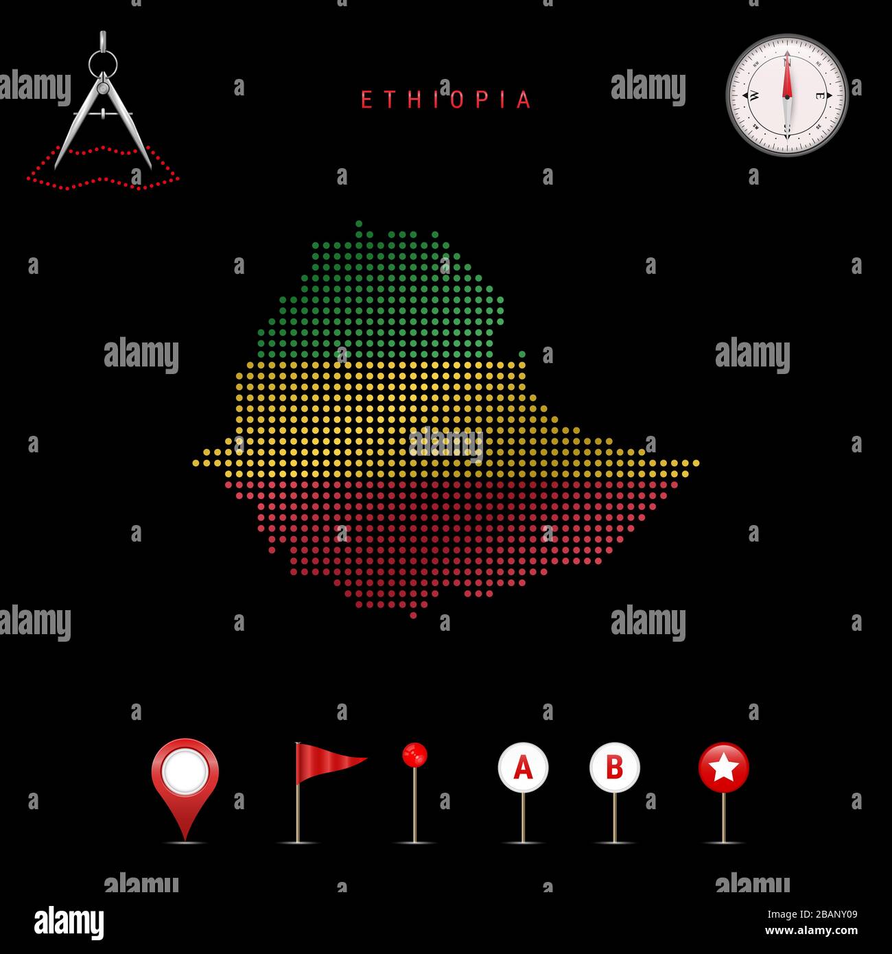 Dotted map of Ethiopia painted in the colors of the national flag of ...