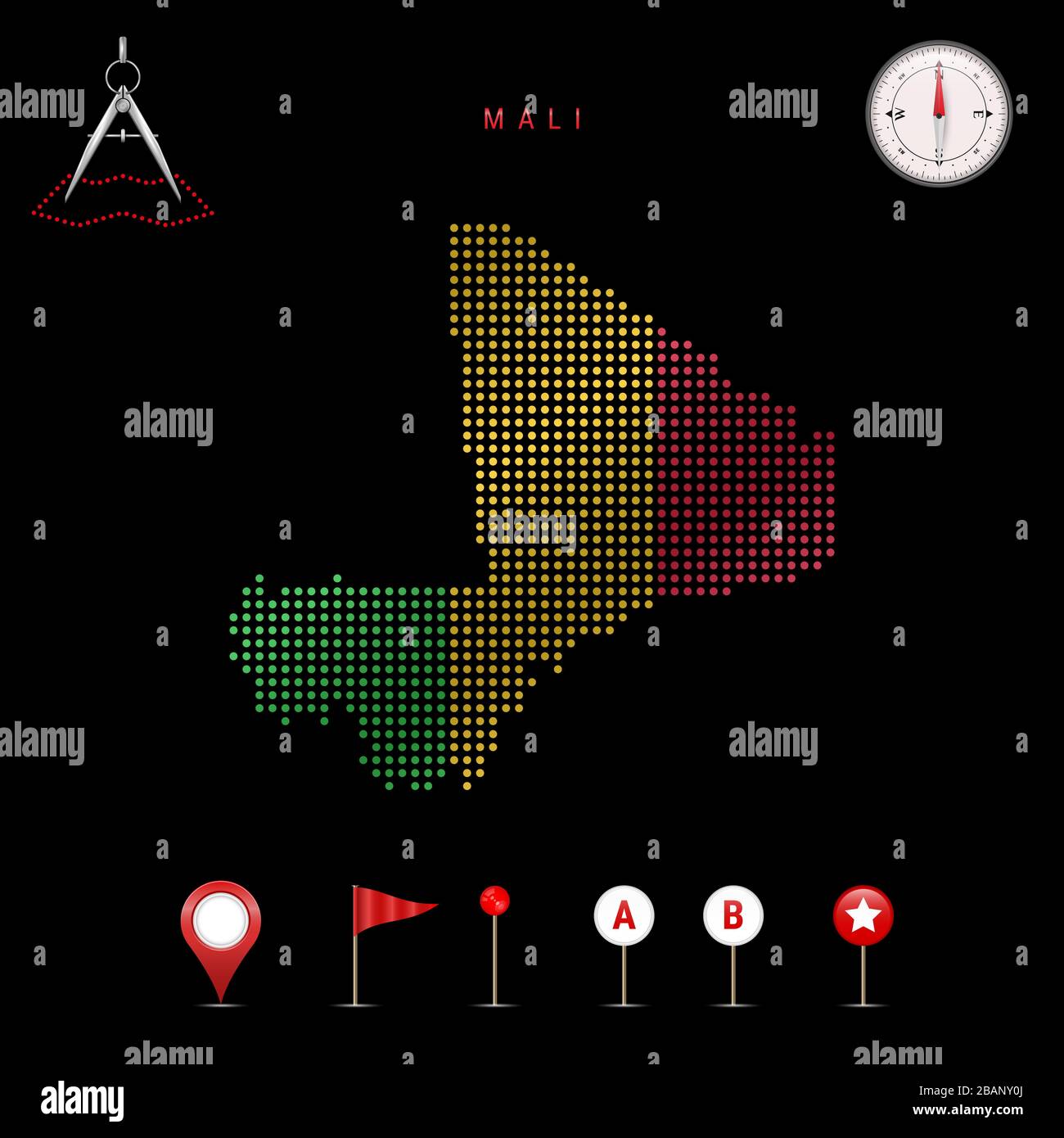 Dotted map of Mali painted in the colors of the national flag of Mali ...