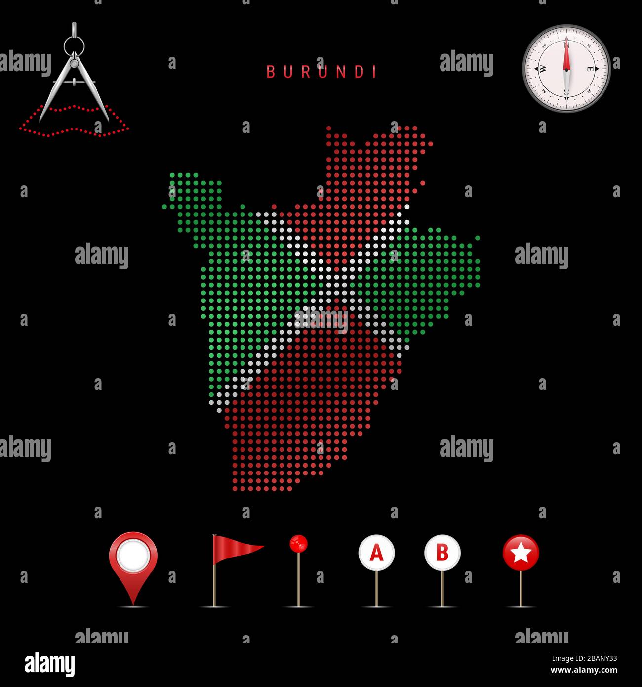 Dotted map of Burundi painted in the colors of the national flag of ...