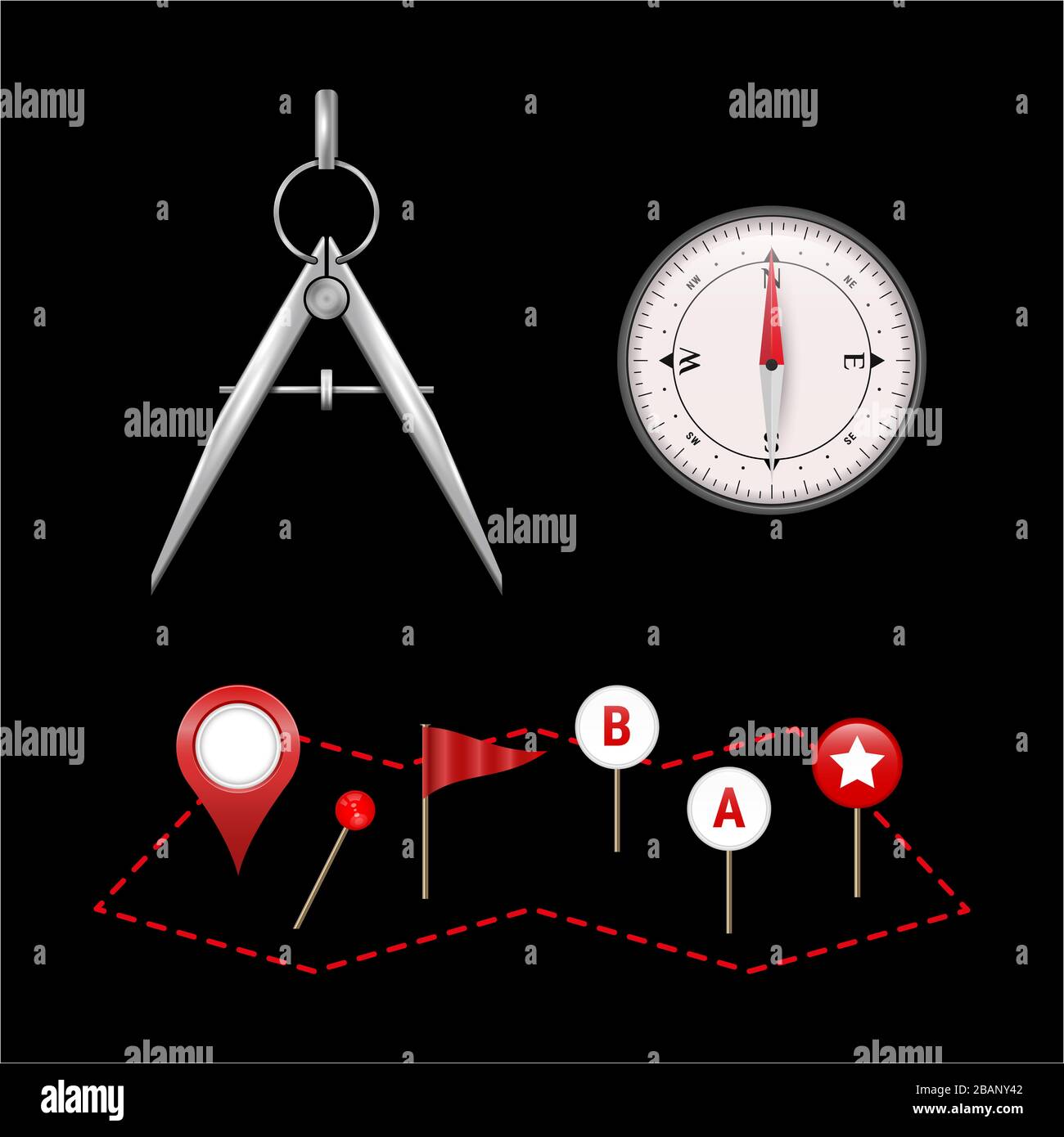 Map equipment set, 3D realistic illustration isolated on black ...