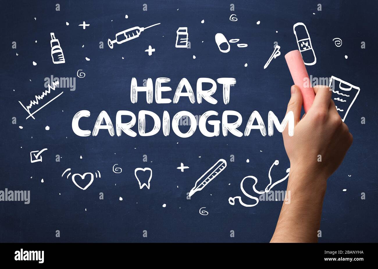 Hand drawing HEART CARDIOGRAM inscription with white chalk on ...