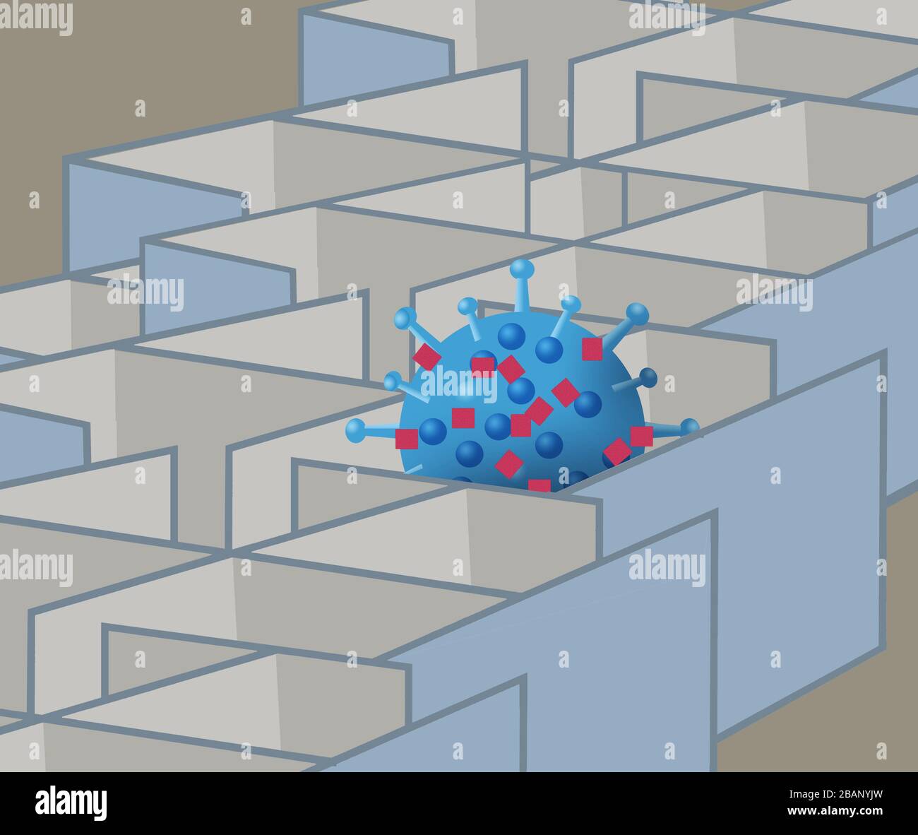 A series of office cubicles are empty except for a large coronavirus in ...