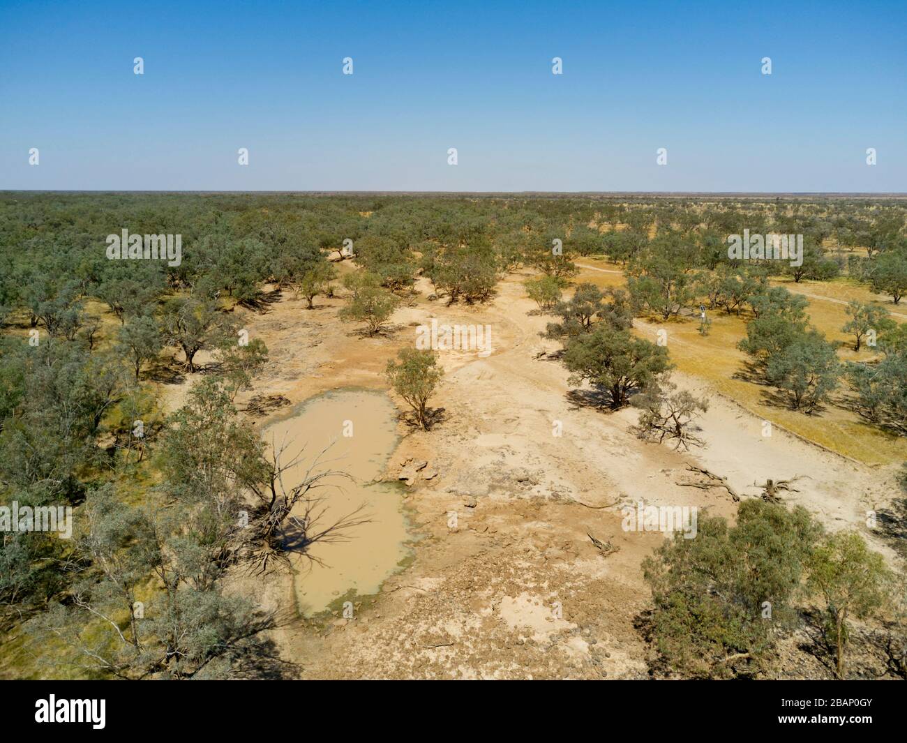 Aerial of the Bulloo River during extended drought at Soonah Crossing ...
