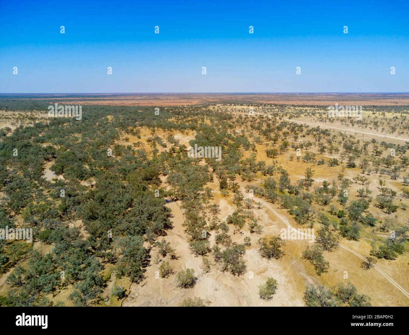 Aerial of the Bulloo River during extended drought at Soonah Crossing ...