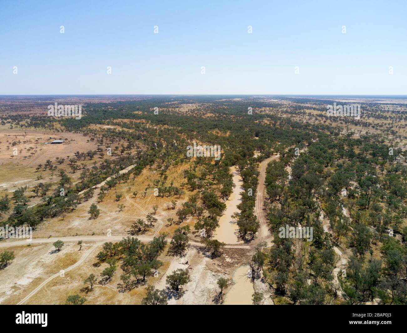 Aerial of the Bulloo River during extended drought at Soonah Crossing ...
